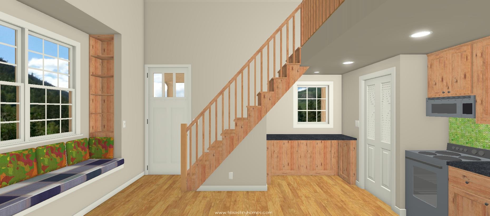 Interior Side View Of Frontdoors and stairs | Texas Tiny Homes